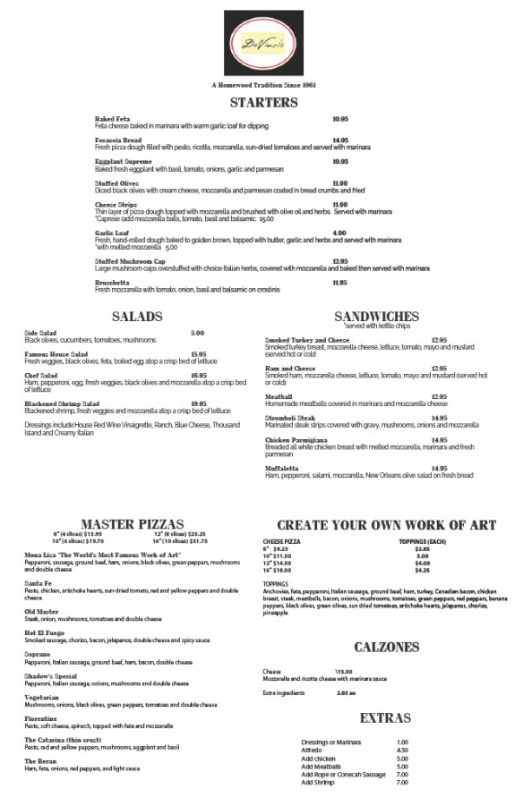 Menu | DeVinci's Pizza & Italian Restaurant